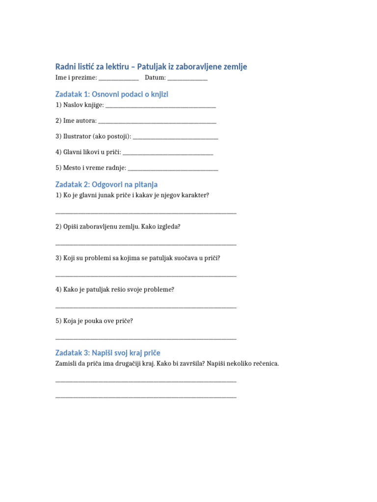 Radni Listic Patuljak Iz Zaboravljene Zemlje | PDF