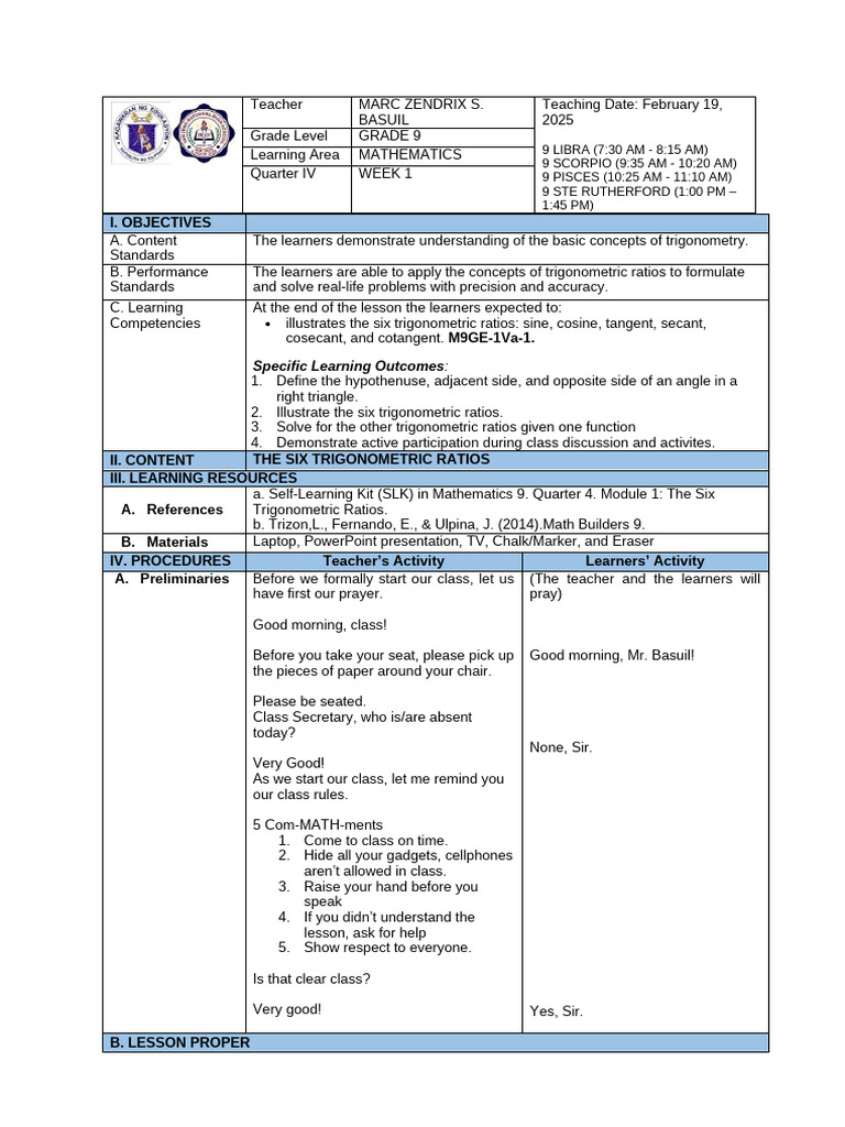 Grade 9 Trigonometry Lesson Plan | PDF | Trigonometric Functions ...