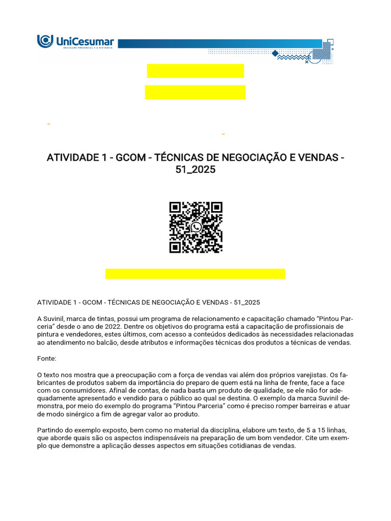 ATIVIDADE 1 - GCOM - TÉCNICAS DE NEGOCIAÇÃO E VENDAS - 51_2025 | PDF
