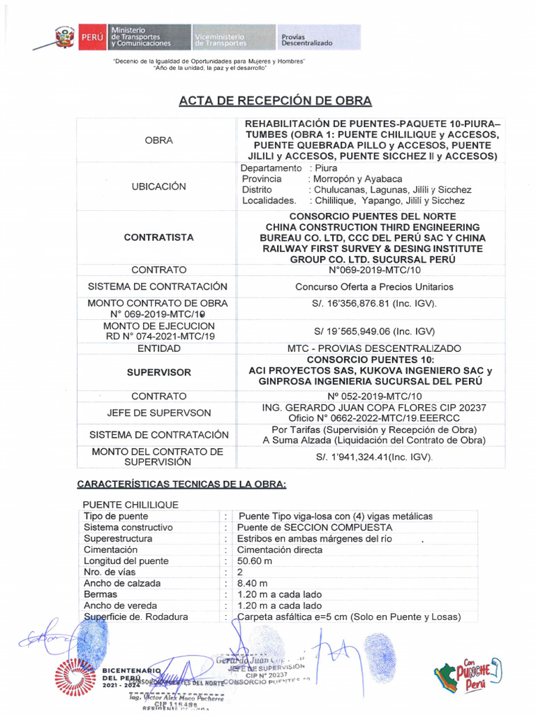 B) Acta de Recepci ®N de Obra Del 21.11.2024. | PDF