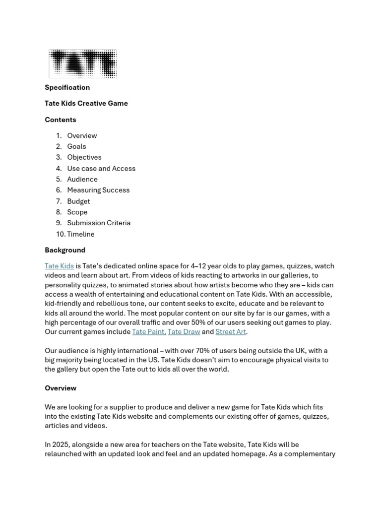 02 Appendix A - Tate Kids Game Tender Brief | PDF | Laptop | Chromebook