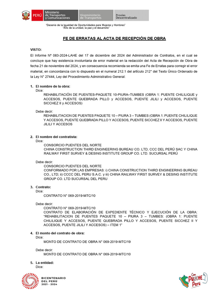 Fe de Erratas: Recepción de Obra Puentes | PDF