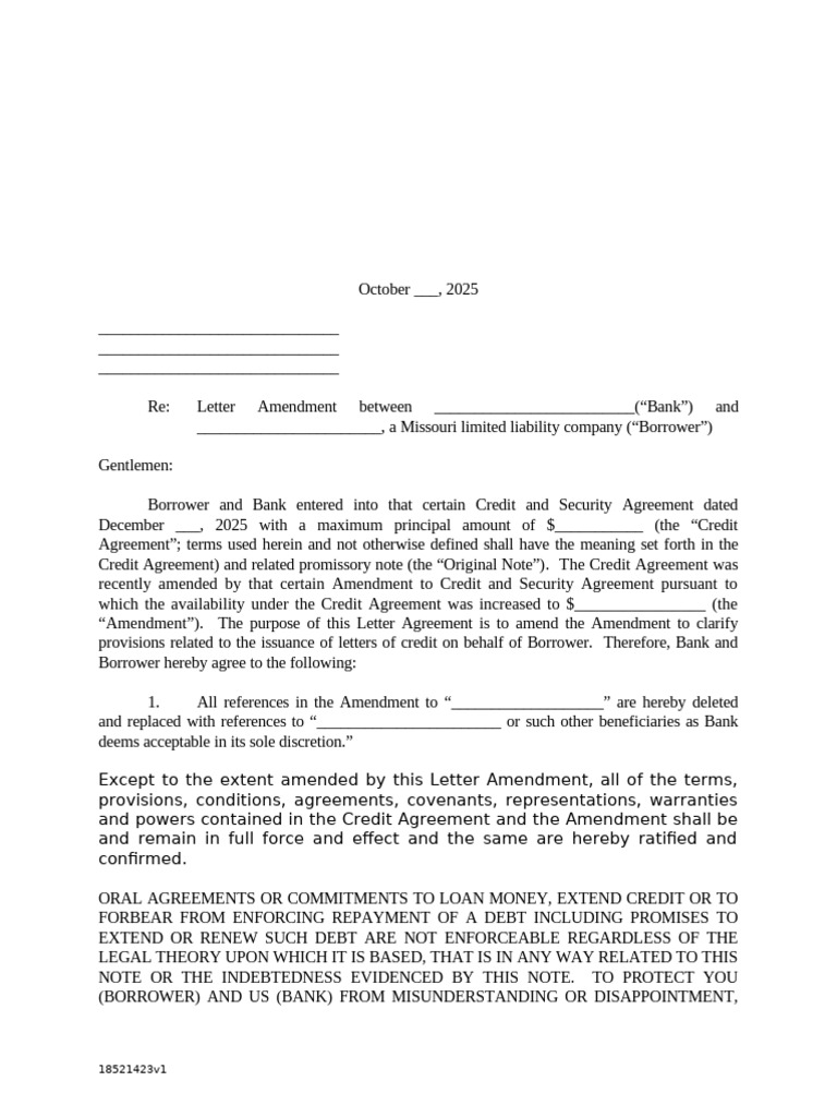 Credit Agreement Amendment Letter | PDF | Debtor | Credit