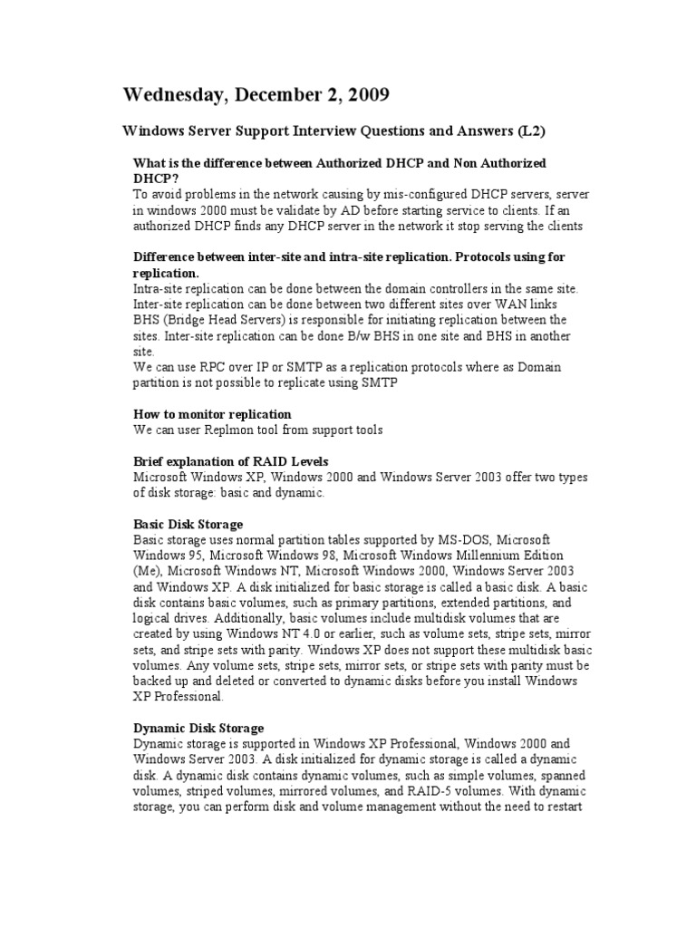 Wednesday, December 2, 2009: Windows Server Support Interview Questions and Answers (L2) | PDF ...