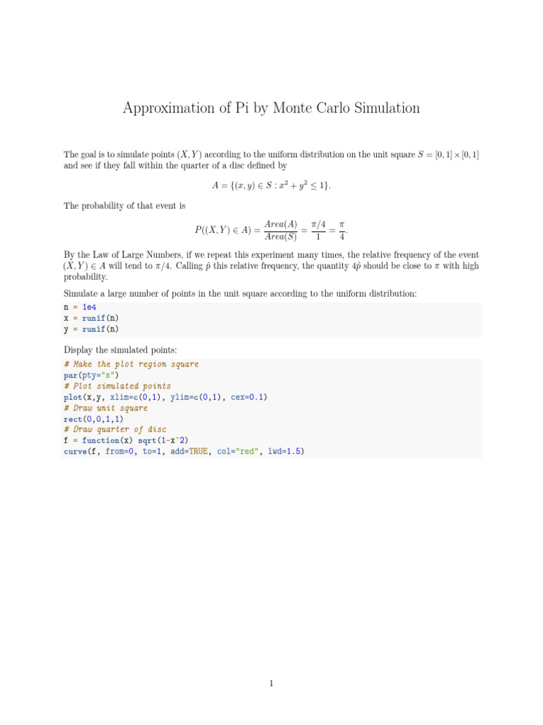 Approximation Of Pi By Monte Carlo Simulation Pdf