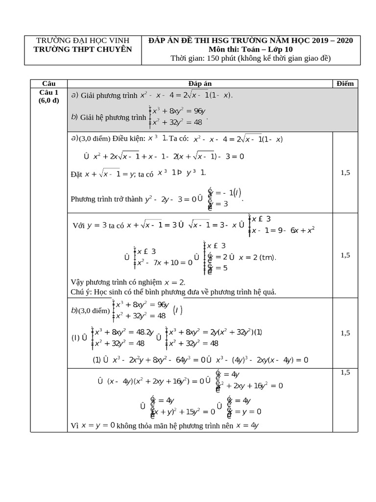 ĐÁP ÁN HSG Truong Lop 10 Nam Hoc 2019-2020 | PDF