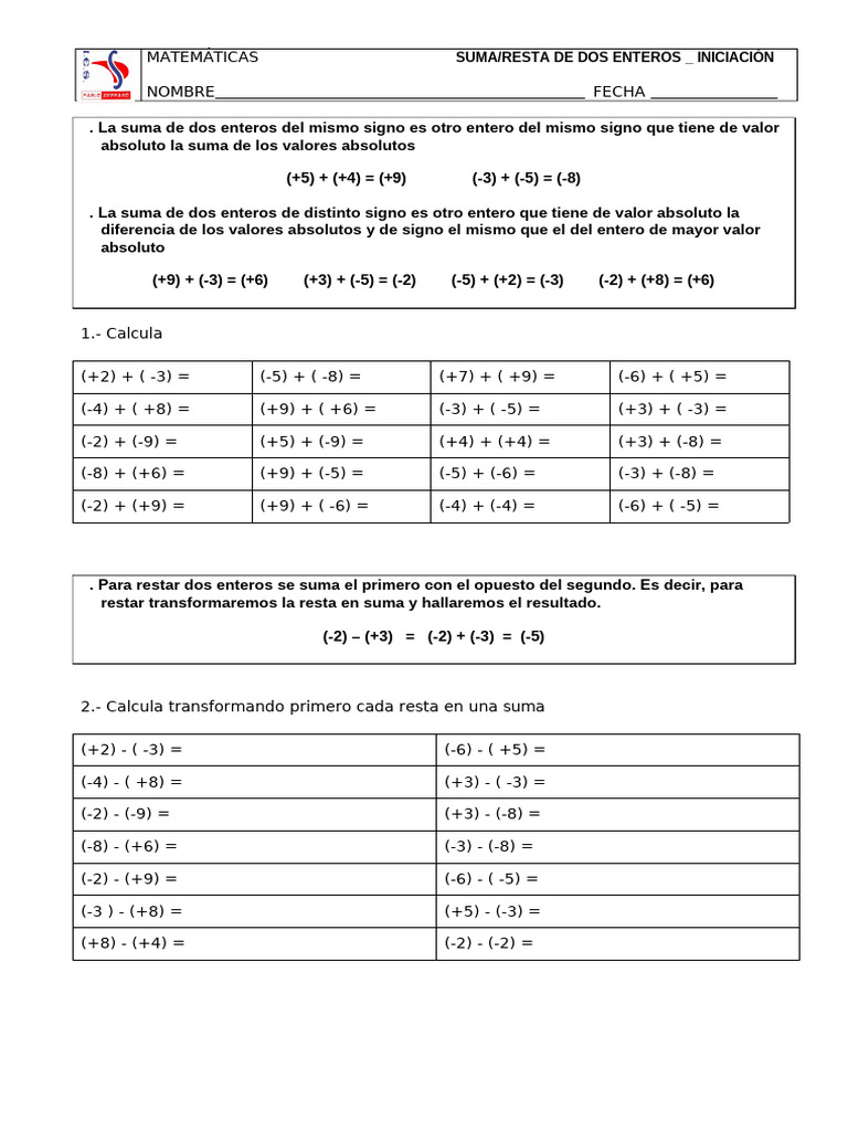 Reglas de Suma y Resta de Enteros | PDF | Entero | Sustracción