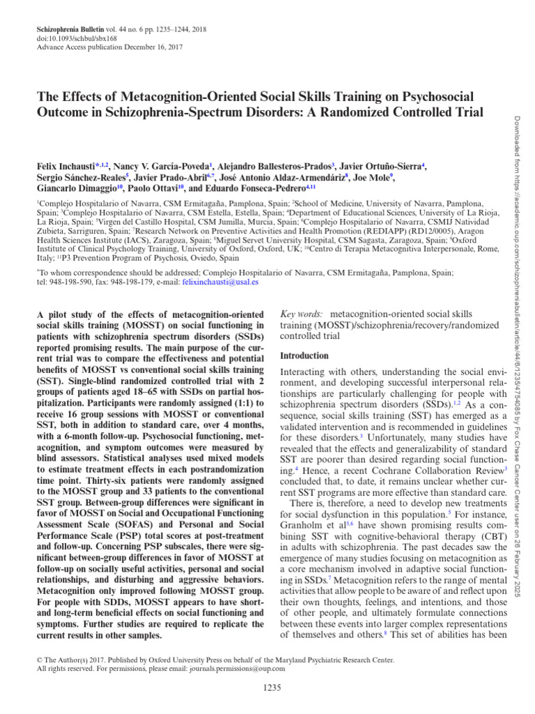 The Effects Of Metacognition Oriented Social Skills Training On Psychosocial Outcome In
