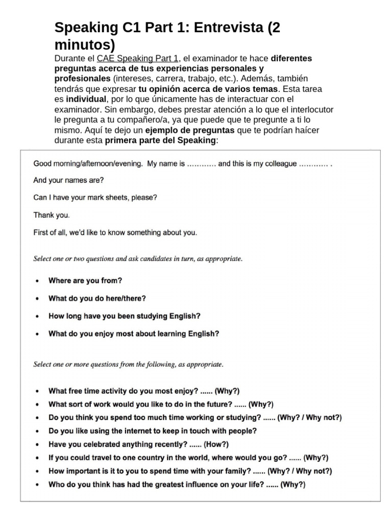 Guía CAE Speaking: Partes 1 y 2 | PDF