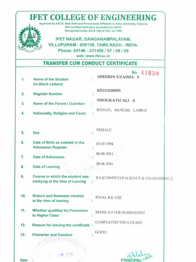 IFET College TC | PDF