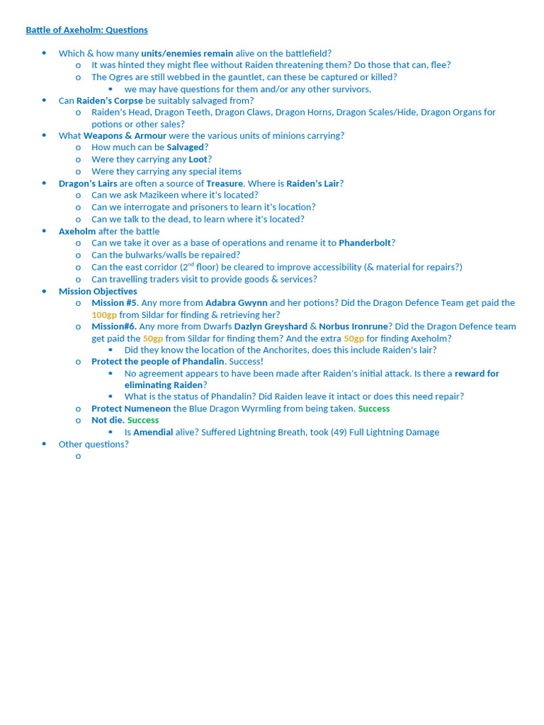 Axeholm Battle Aftermath Queries | PDF