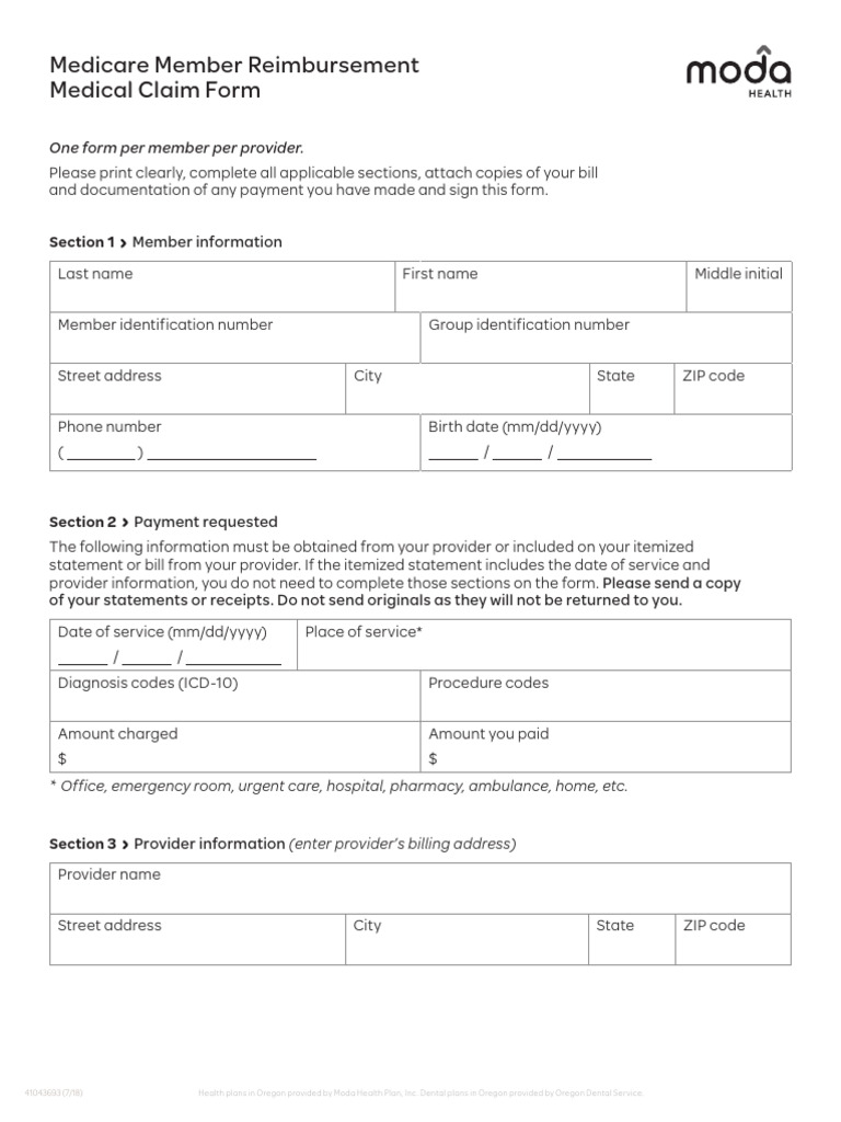 Moda Health MA Medical Claim Form | PDF | Receipt | Medicare (United ...