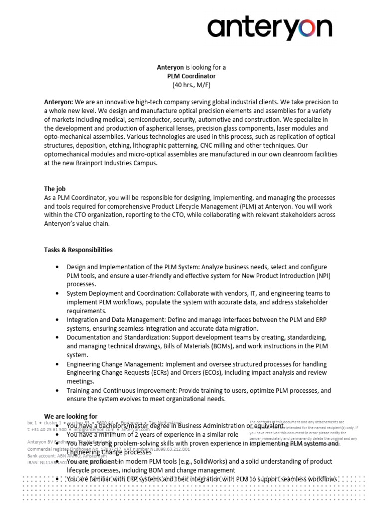PLM Coordinator Job at Anteryon | PDF | Product Lifecycle | Computing