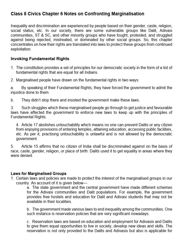 Class 8 Civics Chapter 6 Notes on Confronting Marginalisation | PDF ...