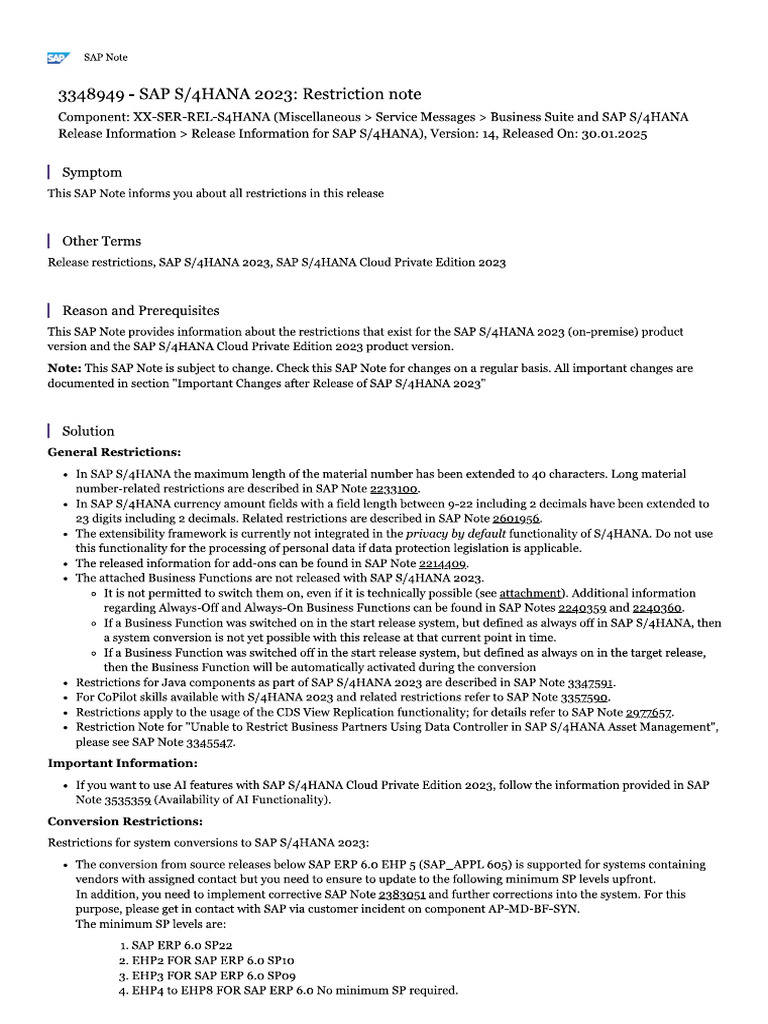 SAP S4HANA 2023 Restriction Note - ConversionS4HANA | PDF