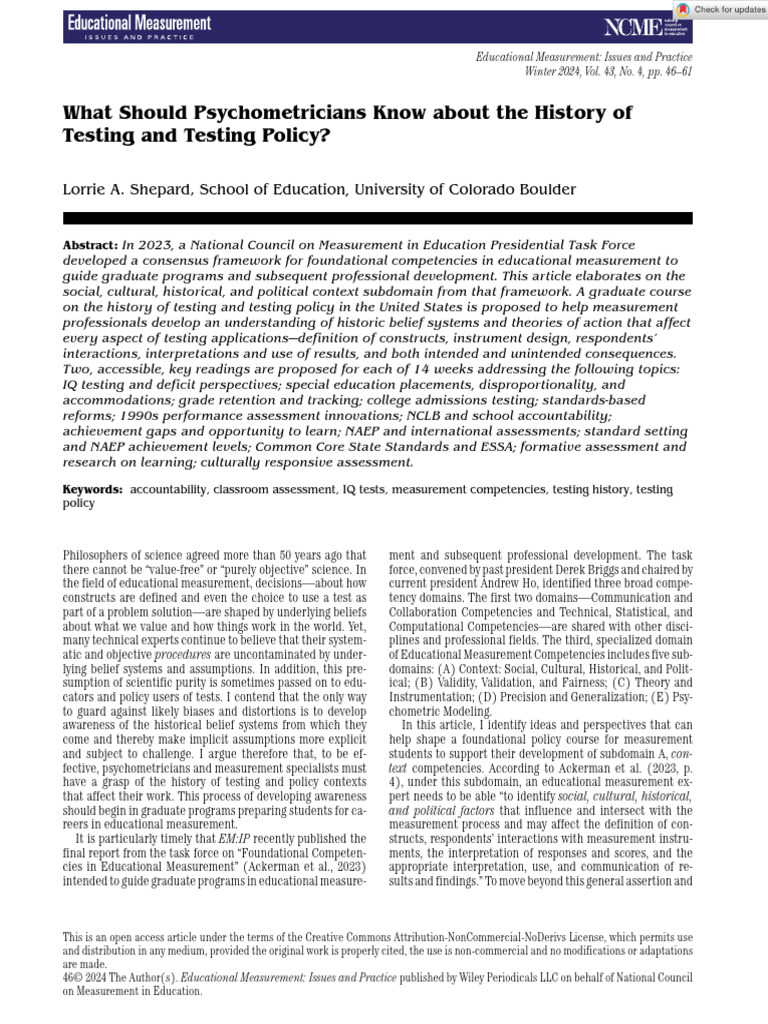 Educational Measurement - 2024 - Shepard - What Should Psychometricians ...