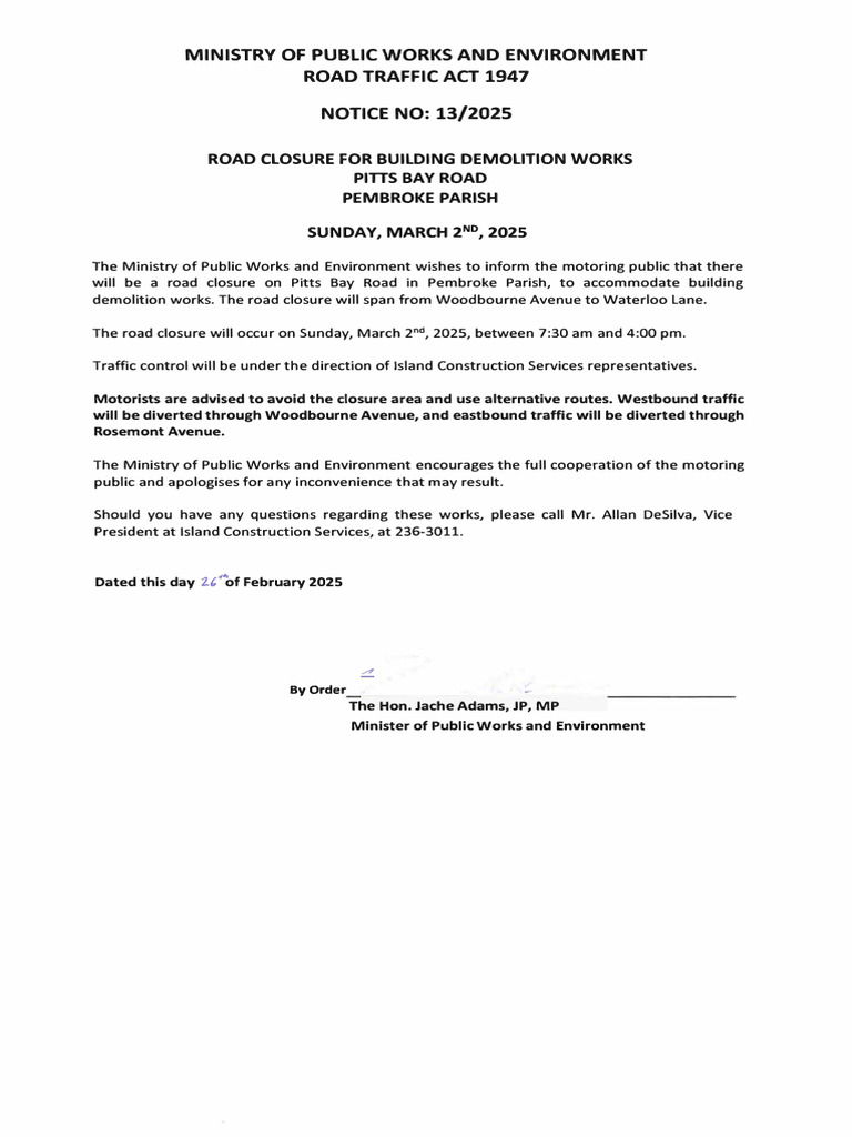 Road Closure Notice: Pitts Bay Road | PDF