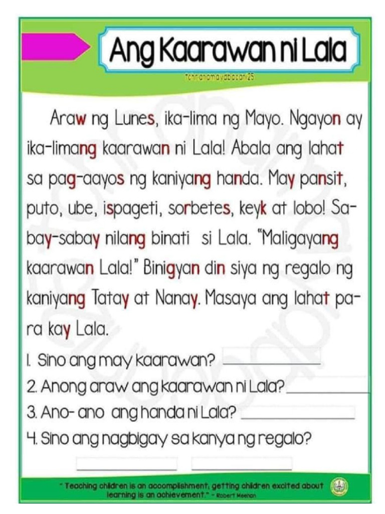Maikling Kwento Na May Tanong Worksheet 1 | PDF