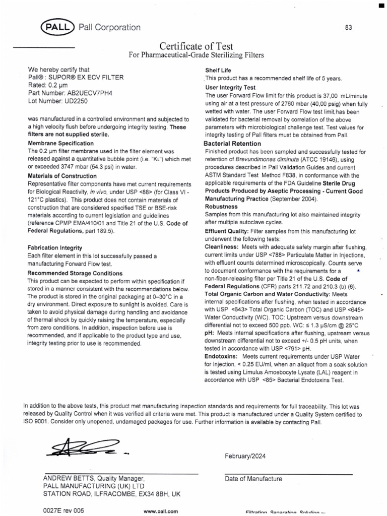 Coa Filtro Pall | PDF