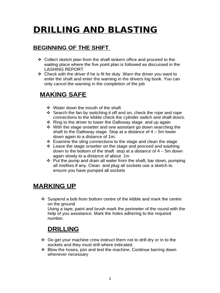 DRILLING AND BLASTING in Shaft | PDF | Cartridge (Firearms) | Equipment