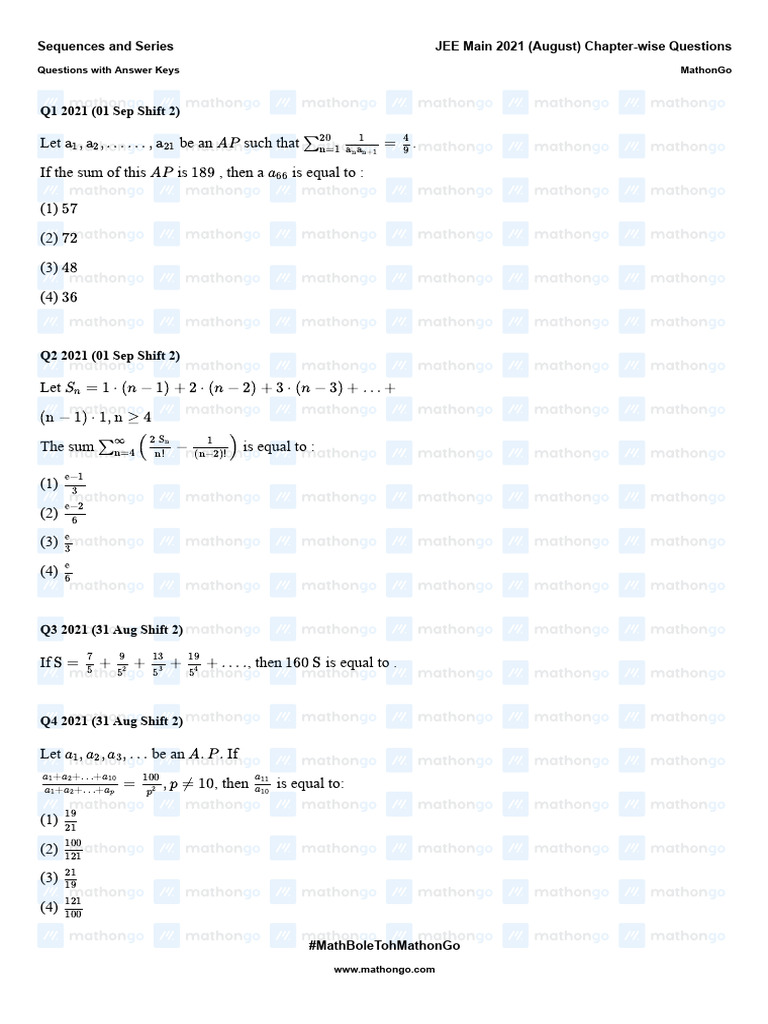 Sequences and Series - JEE Main 2021 August Chapter-Wise - MathonGo ...