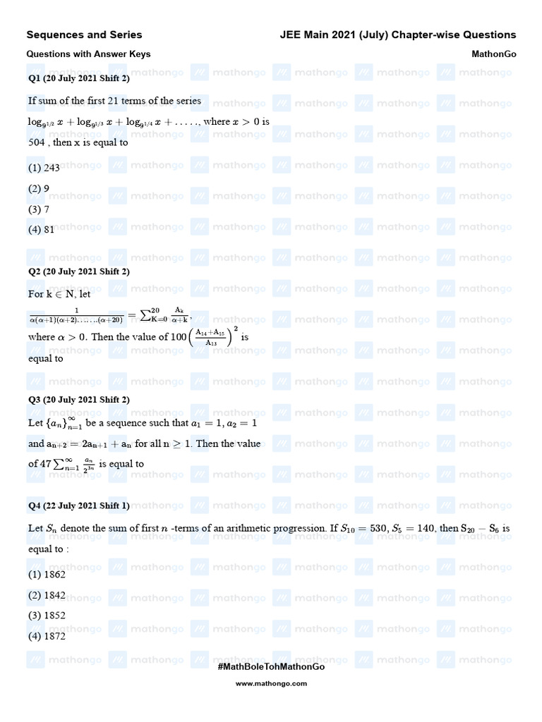 Sequences and Series - JEE Main 2021 July Chapter-Wise - MathonGo | PDF | Mathematics ...
