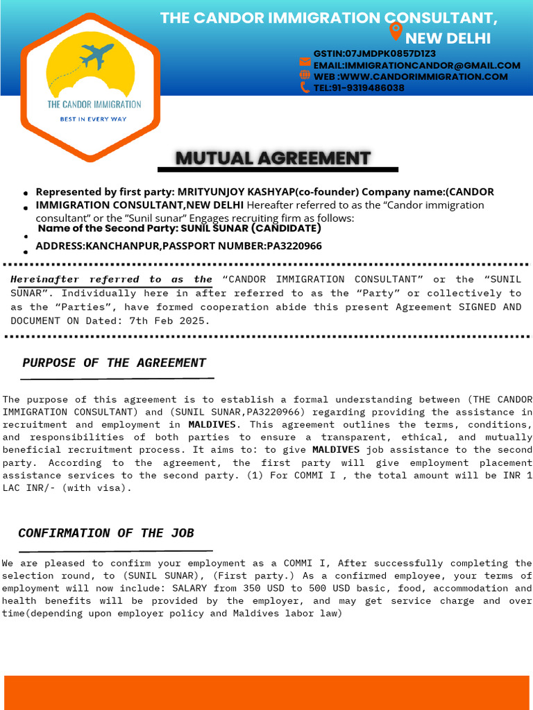 The Candor Immigration Consultant s Agreement Sunil Sunar PDF.pdf | PDF | Travel Visa | Employment