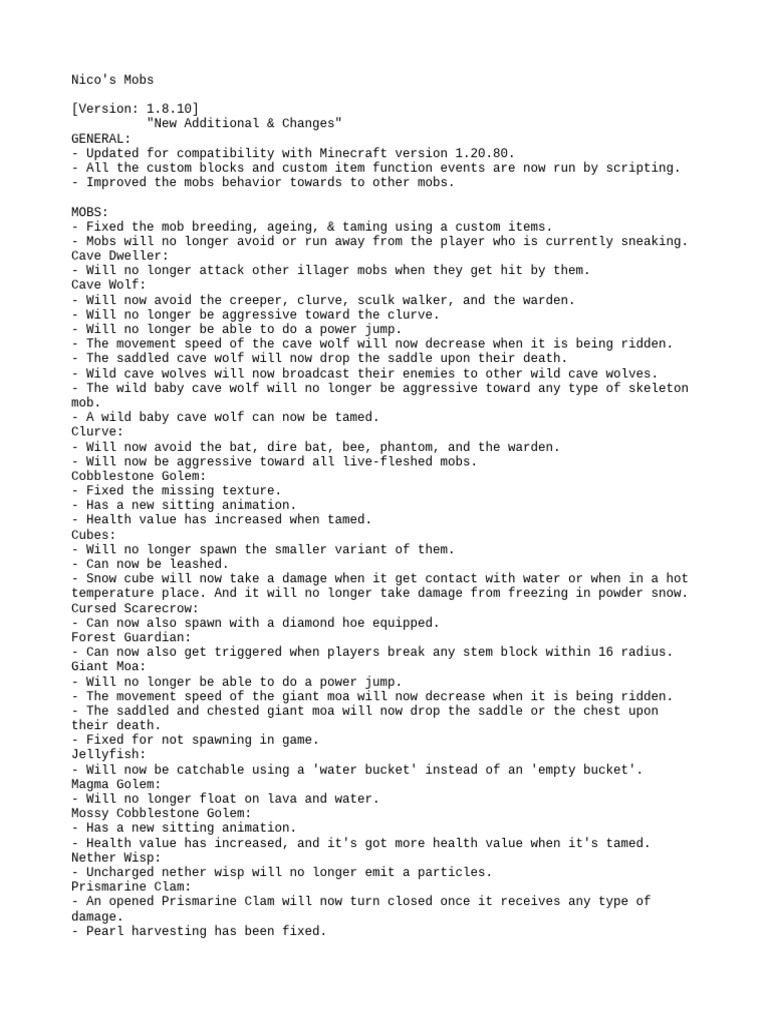 Changelog - Nico's Mobs | PDF | Zoology