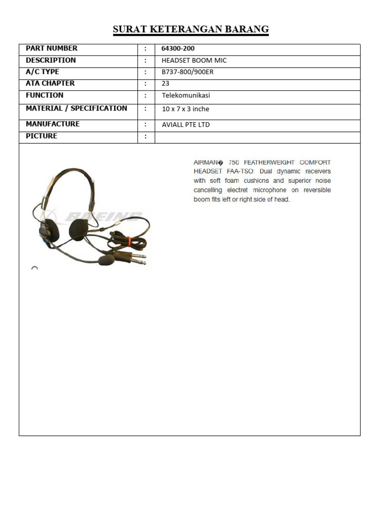 Surat Keterangan Barang: Headset Boom Mic B737-800/900ER 23 ...