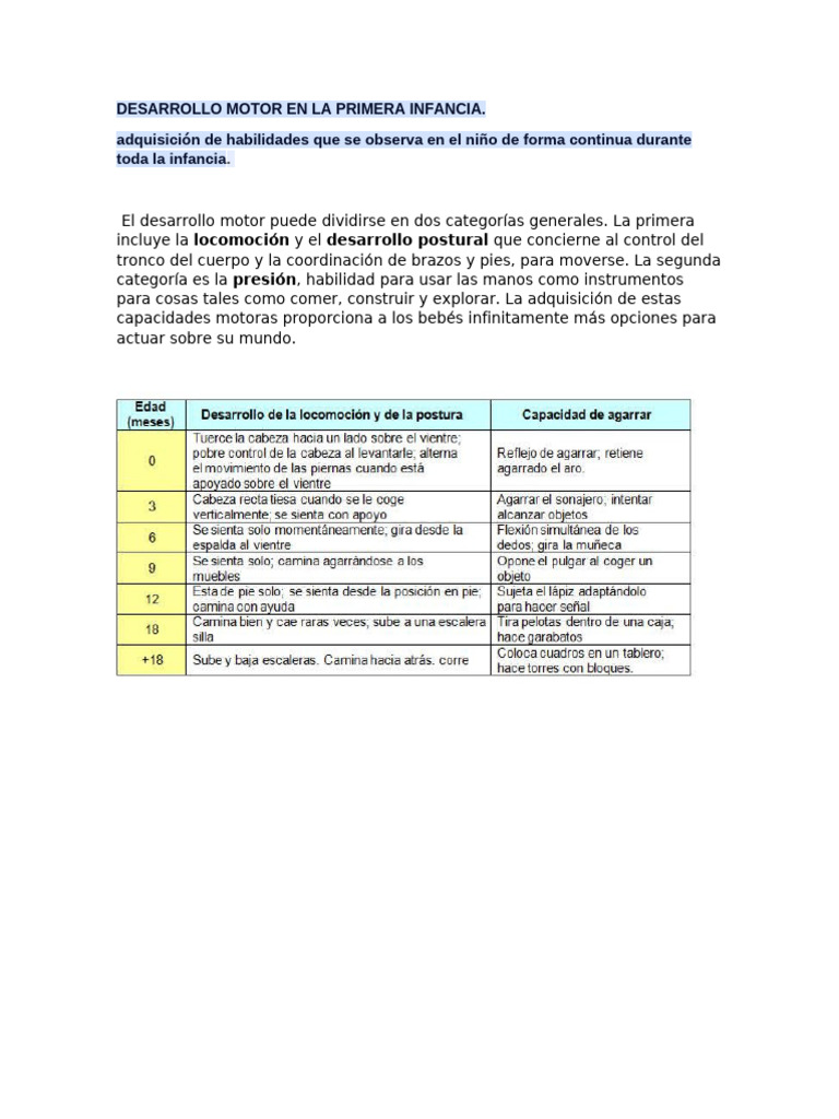 Desarrollo Motor en La Primera Infancia | PDF