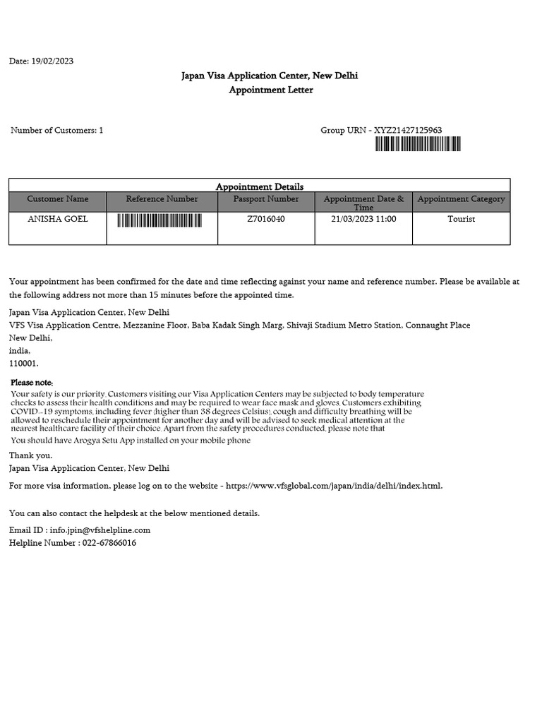 Japan Visa Appointment Confirmation | PDF