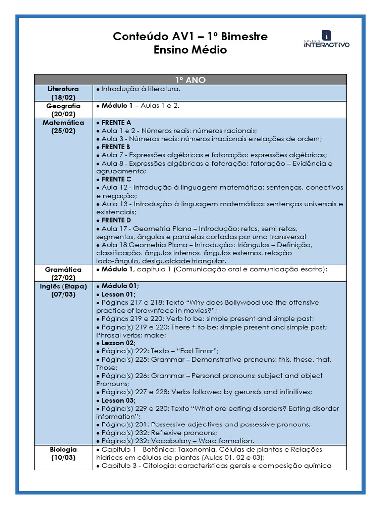 Conteúdo AV1 - 1 ANO Médio 1º Bimestre 2025-2 | PDF | Matemática