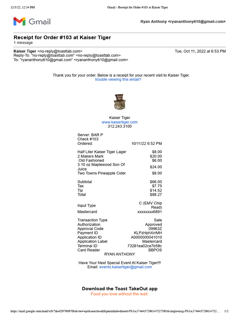 Kaiser Tiger Order Receipt #103 | PDF | Receipt | Emv