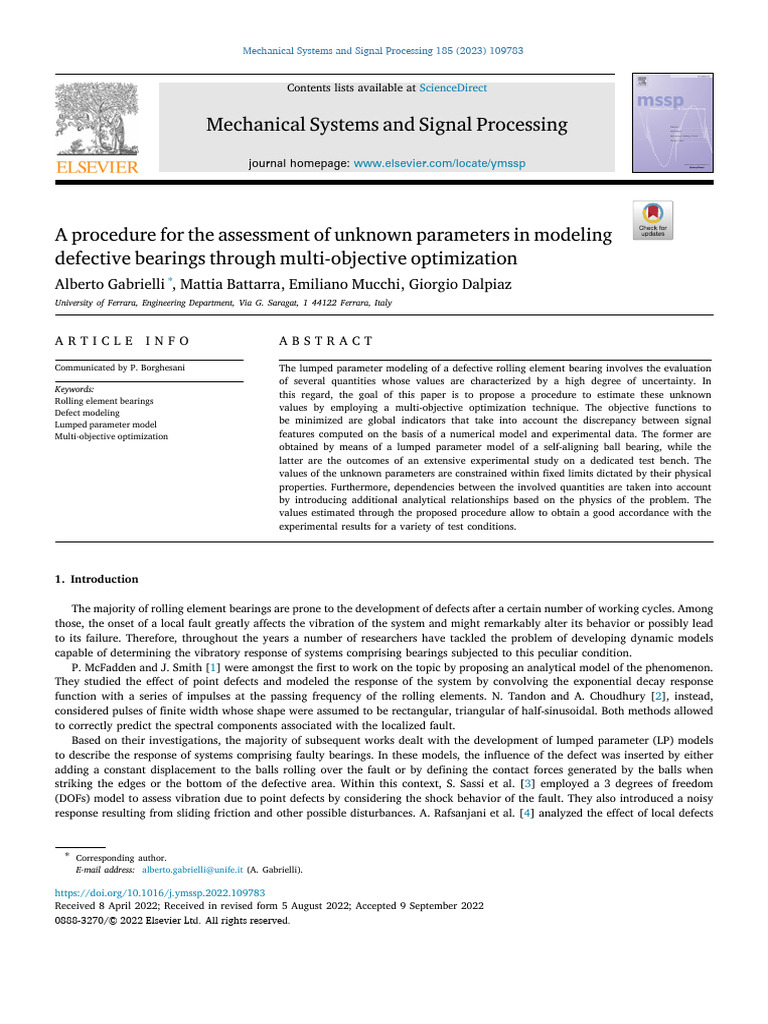 A Procedure For The Assessment of Unknown Parameters in Modeling Defective Bearings Through ...
