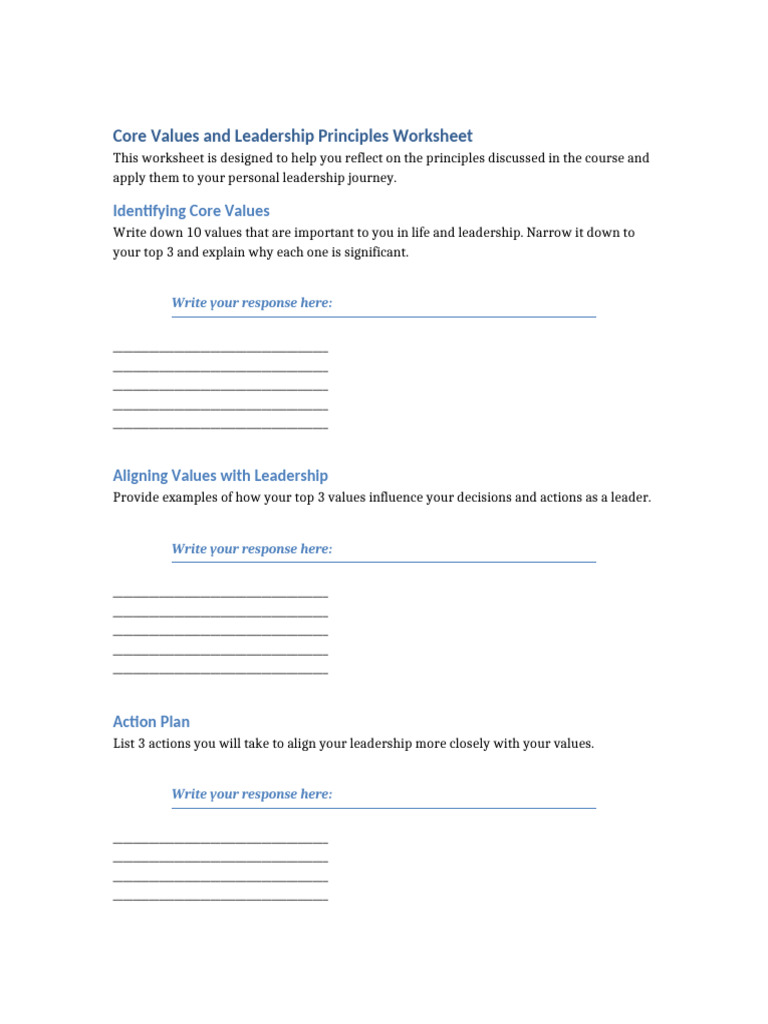 Core Values and Leadership Principles Worksheet | PDF