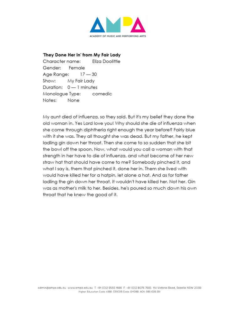 Eliza's Comedic Monologue Analysis | PDF