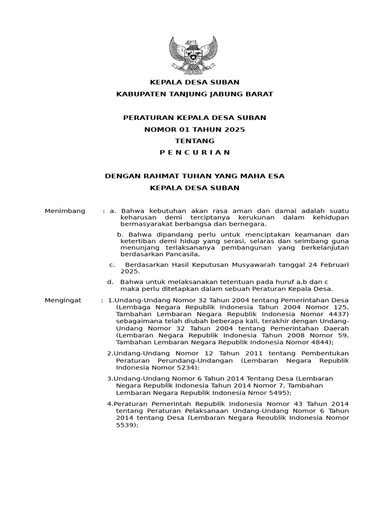 Peraturan Desa Suban tentang Pencurian | PDF