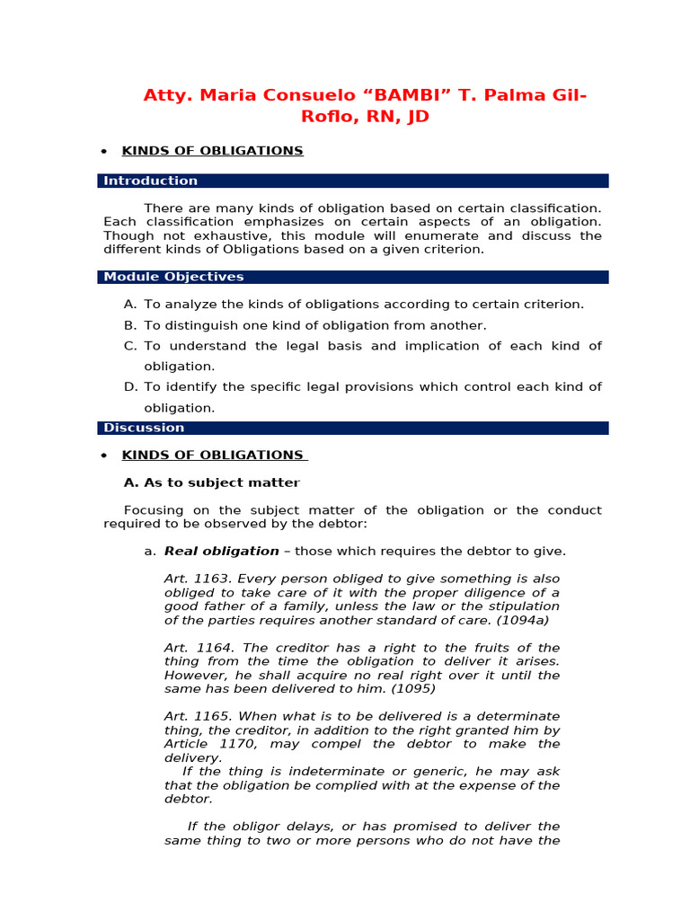 Oblicon Module Kinds of Obligations | PDF | Private Law | Civil Law ...