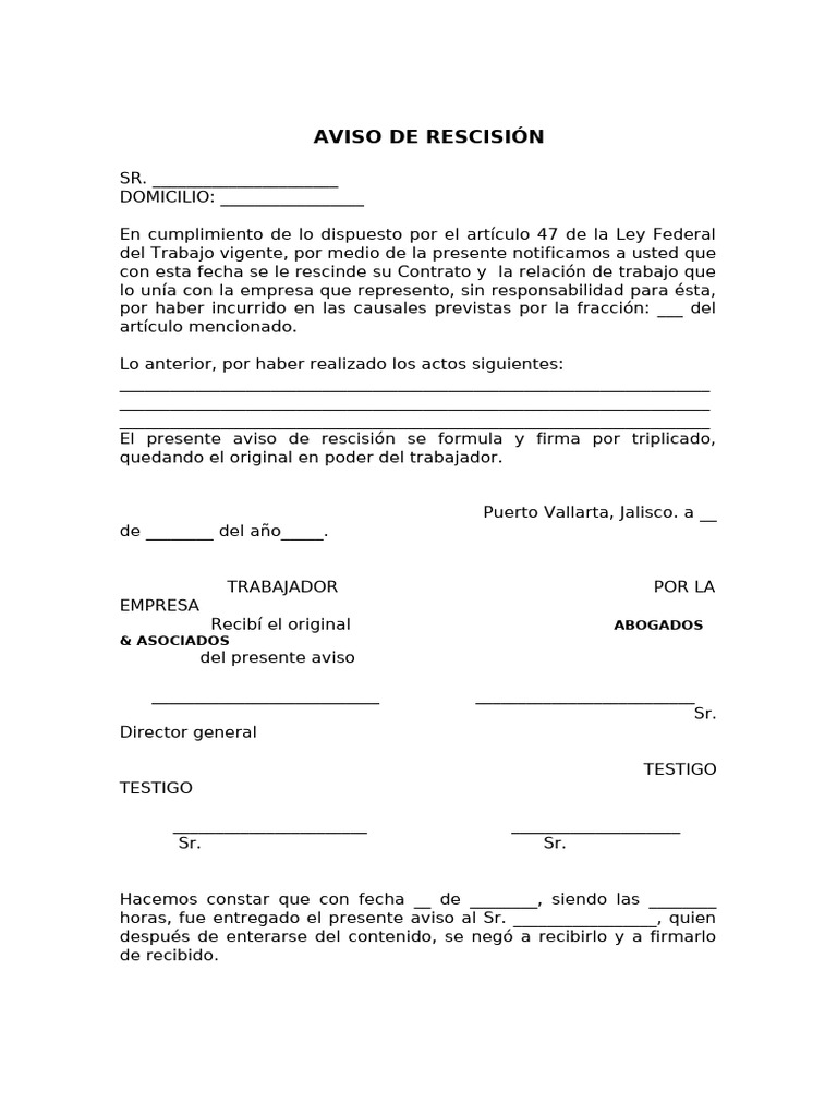 Aviso de Rescisión de Contrato Laboral | PDF