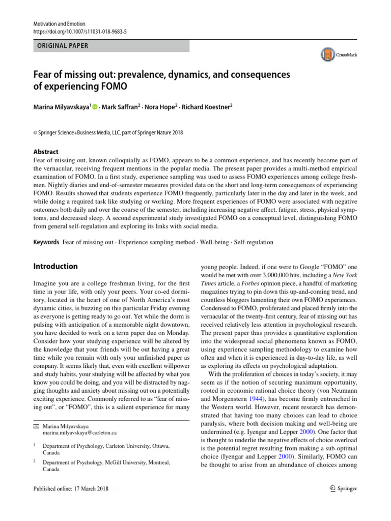 Fear of Missing Out Prevalence, Dynamics, and Consequences of ...