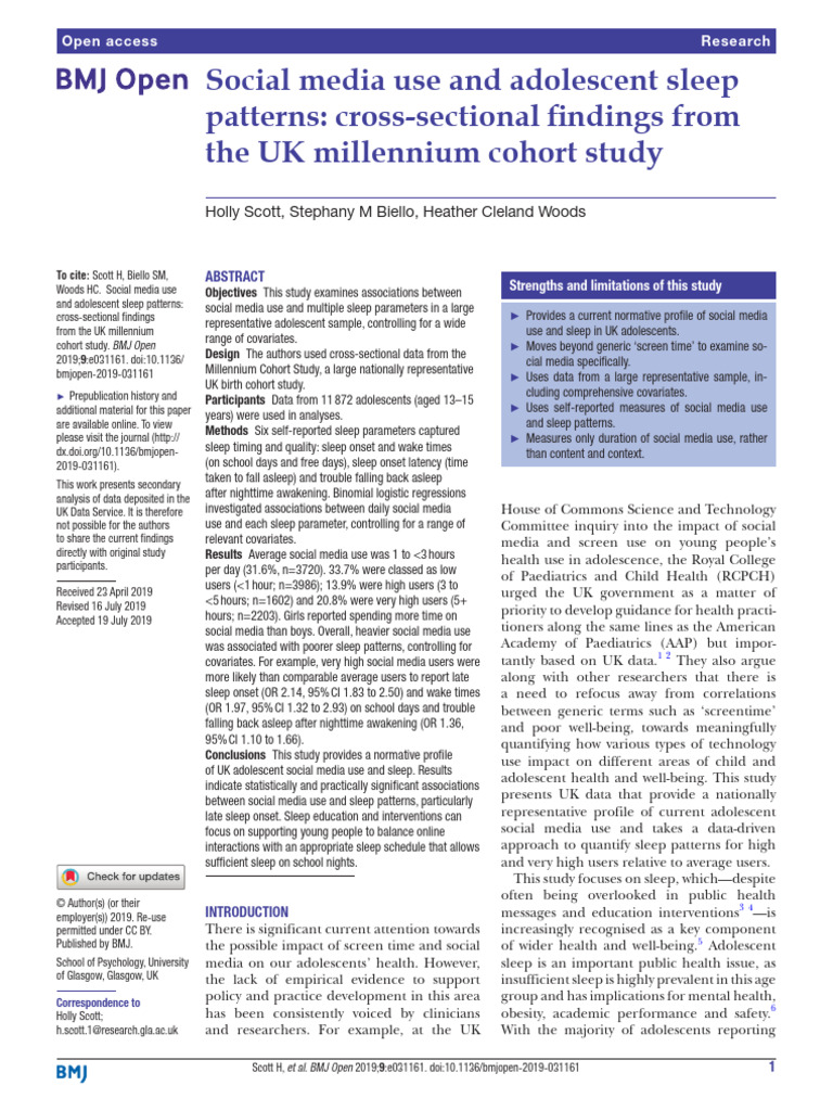 Social Media Use and Adolescent Sleep Patterns Cross-Sectional Findings ...