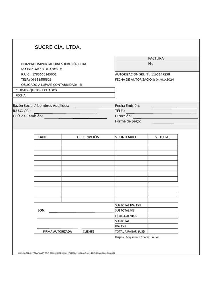 Factura Importadora Sucre Cía. LTDA. | PDF