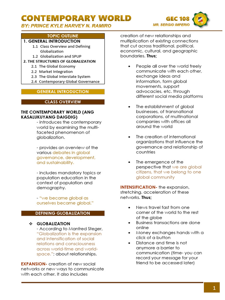 Contemporary World - Prelims - First Sem - 1 | PDF | Globalization ...