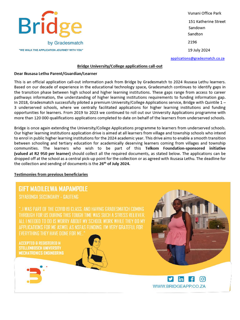 Gradesmatch Bridge Form 2024 - Sponsored - July - Ikusasa Lethu | PDF | Learning