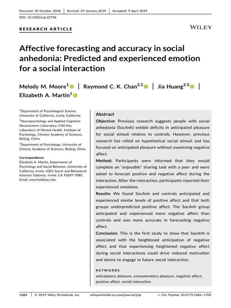 Social Anhedonia and Affective Forecasting | PDF | Affect (Psychology) | Emotions