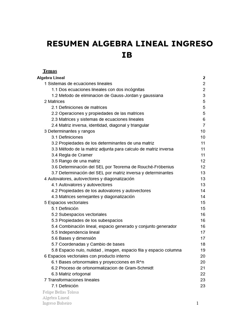 Resumen de Álgebra Lineal IB | PDF | Matriz (Matemáticas) | Base ...