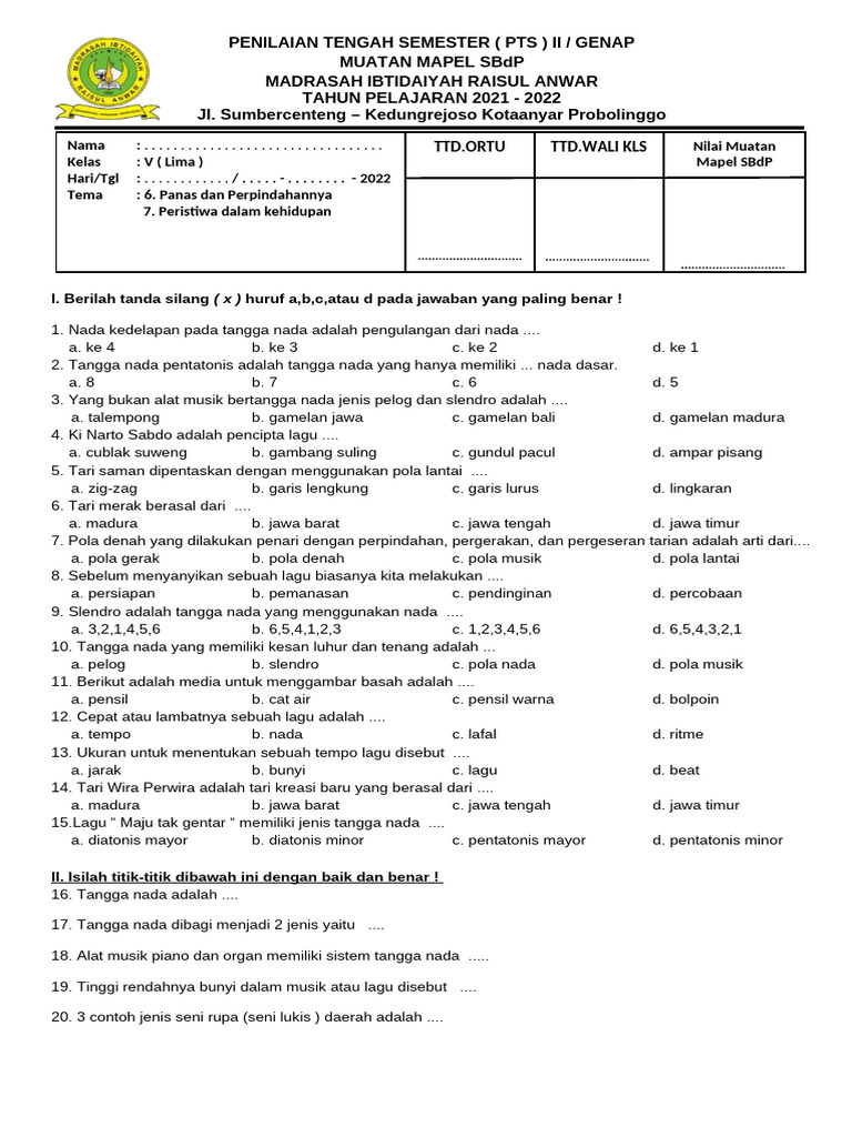 Soal PTS Kelas V SBdP | PDF