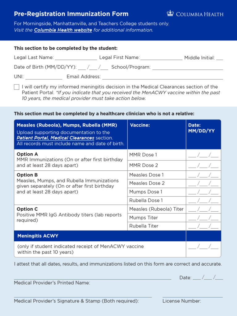 Columbia University Pre Registration Immunization Form - 2023 ...