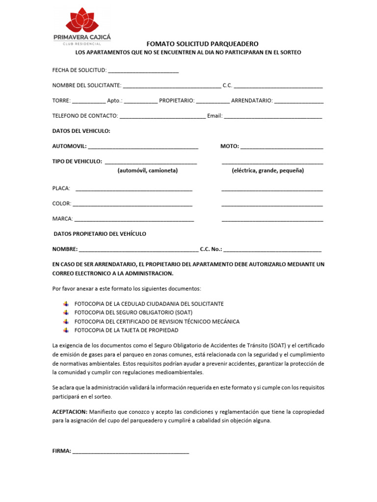 FOMATO SOLICITUD PAQUEADERO | PDF