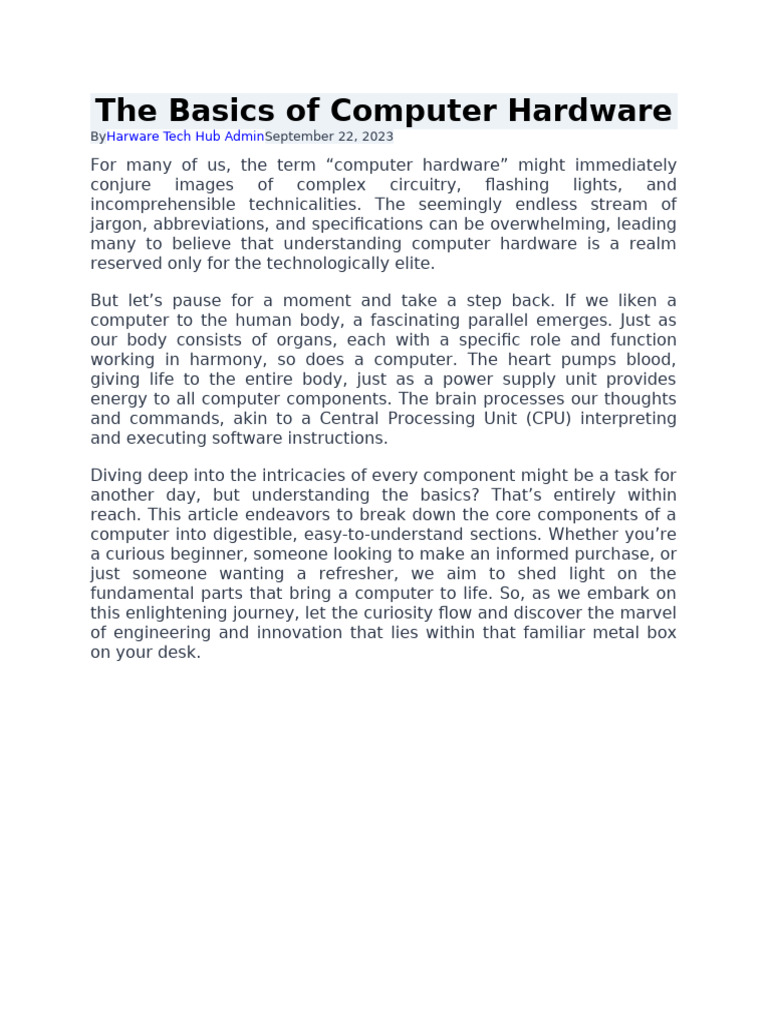 Understanding Computer Hardware Basics | PDF | Solid State Drive | Hard Disk Drive